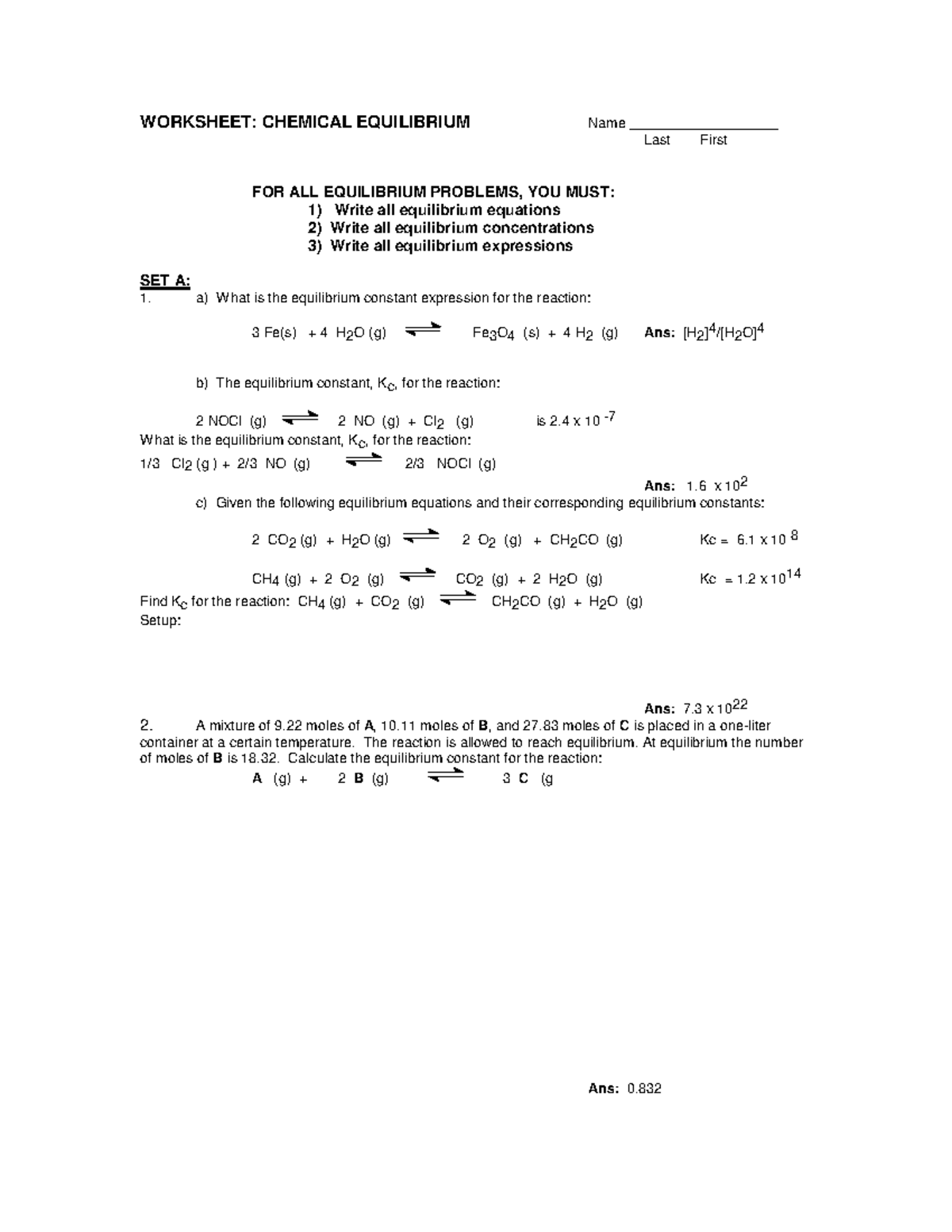 Chemical Equilibrium Worksheet - Kc Calculations (SCH4U) - Studocu