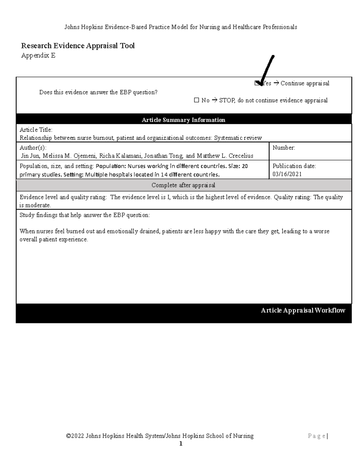 Research Evidence Appraisal Tool (Appendix E) - Week 7 Assignment - Studocu