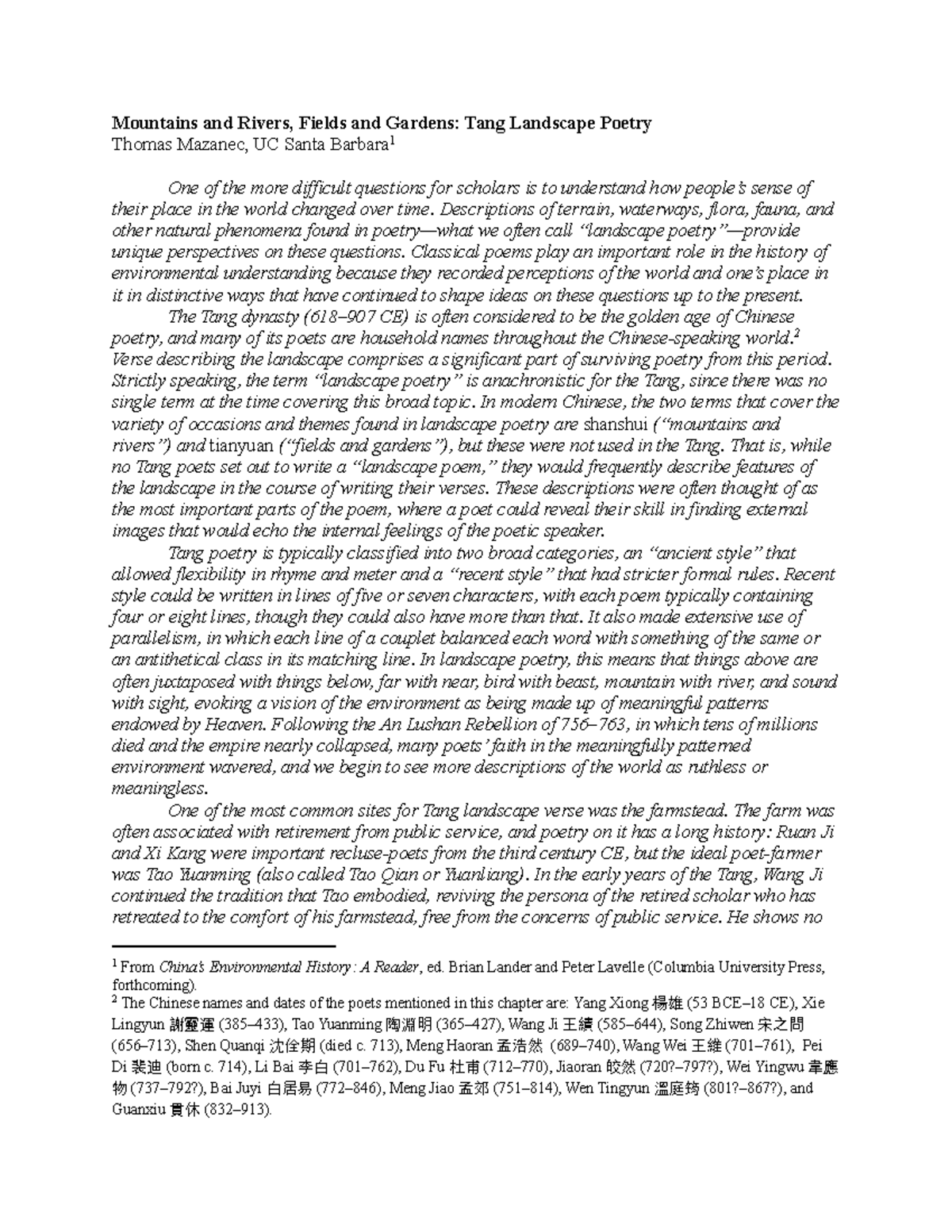 Tang Landscape Poetry: Exploring Nature Through Classical Verse - Studocu