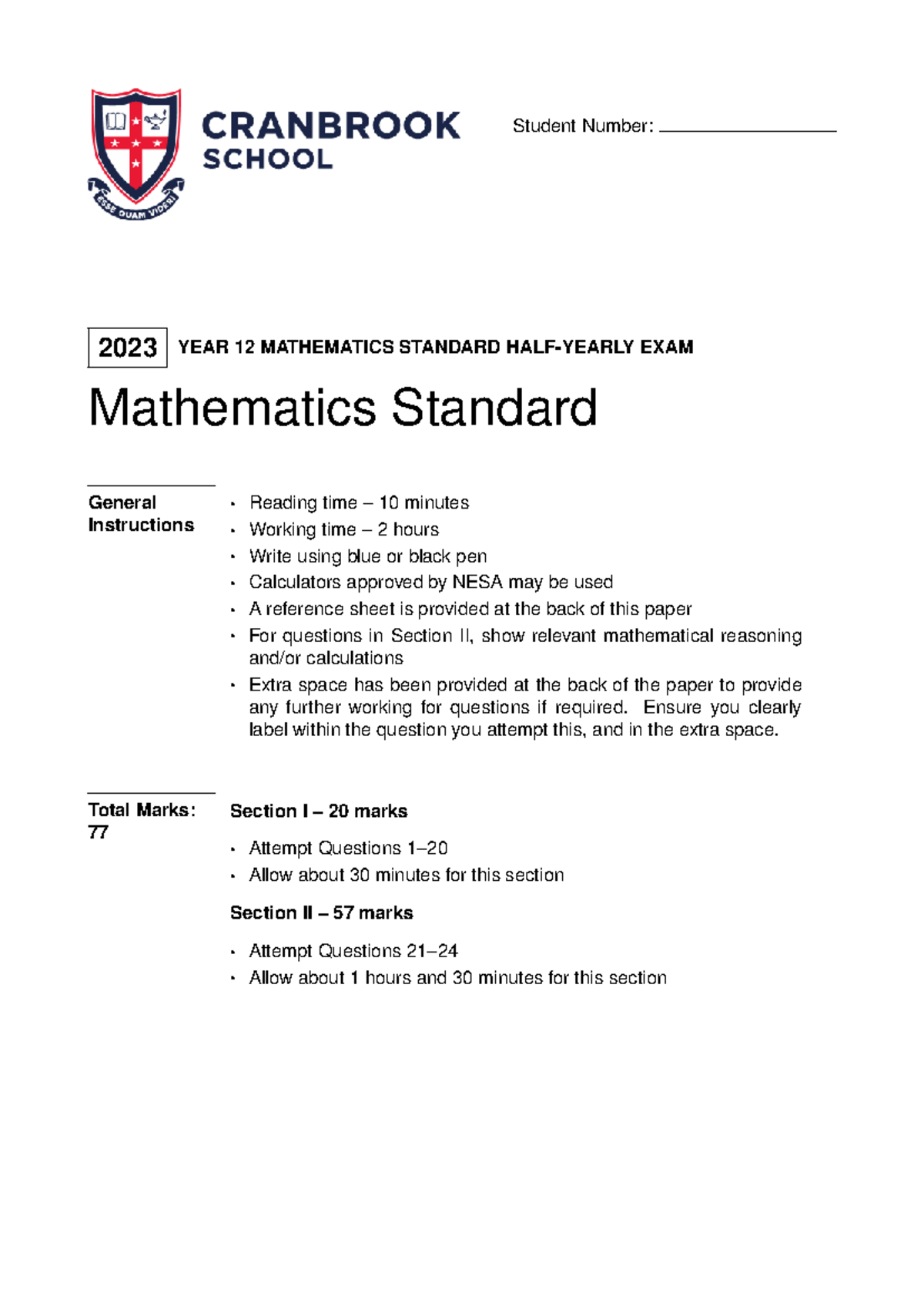 Y12 MATHEMATICS STANDARD Half-Yearly Exam 2023 Guide - Studocu - All ...