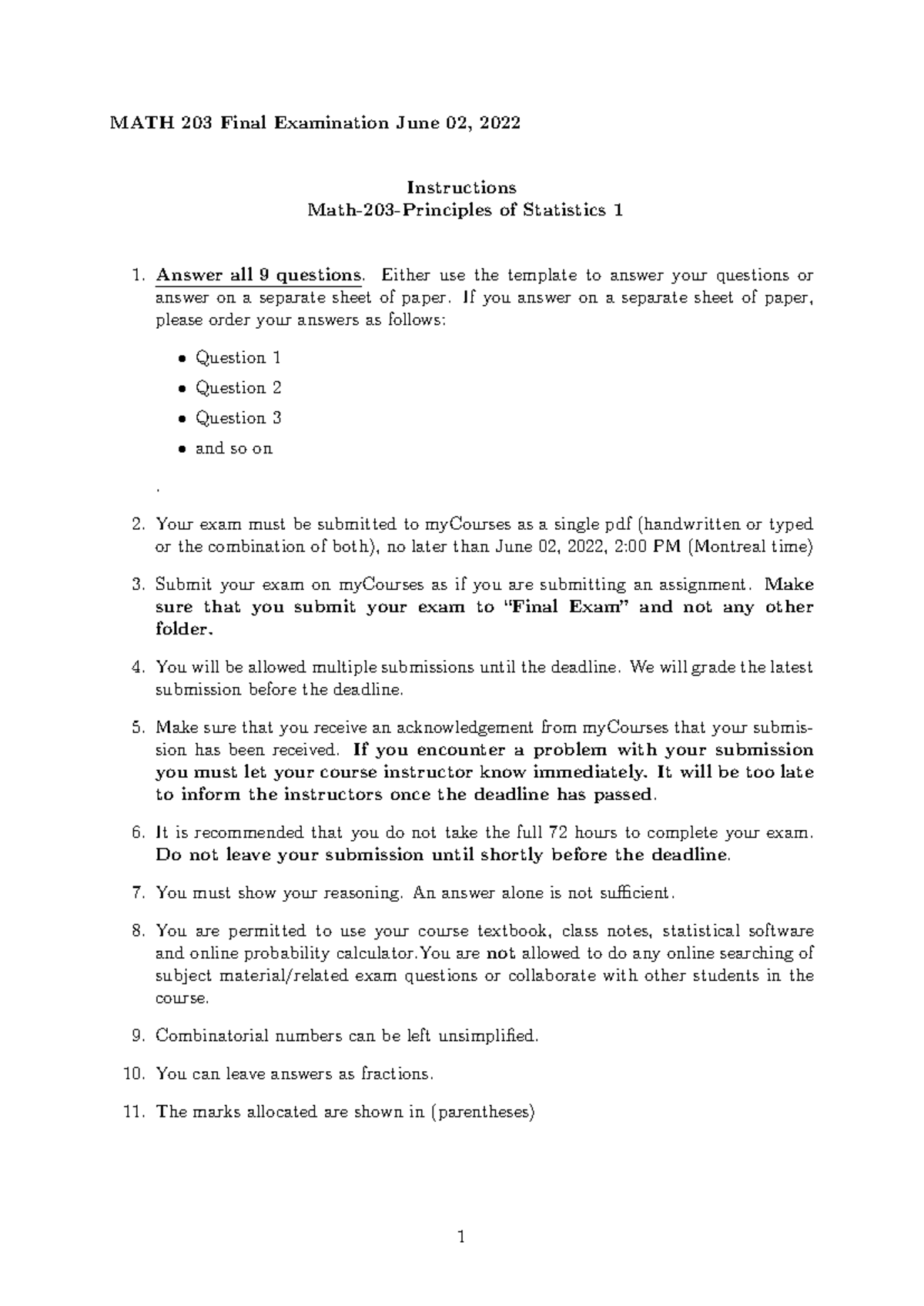 Final Exam Math 203 S 22r Math 203 Final Examination June 02 2022