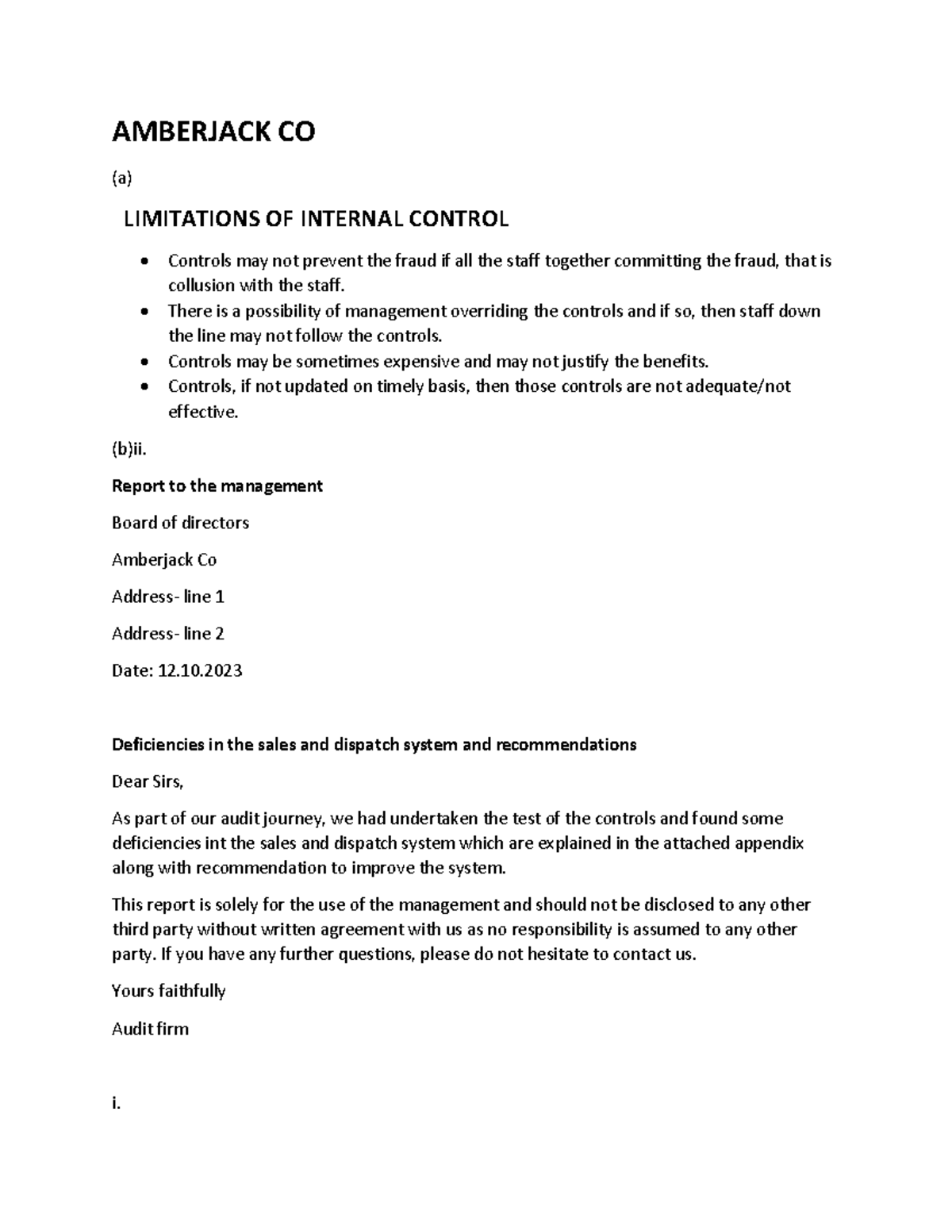 Amberjack Co - Internal Control Limitations & Audit Recommendations ...