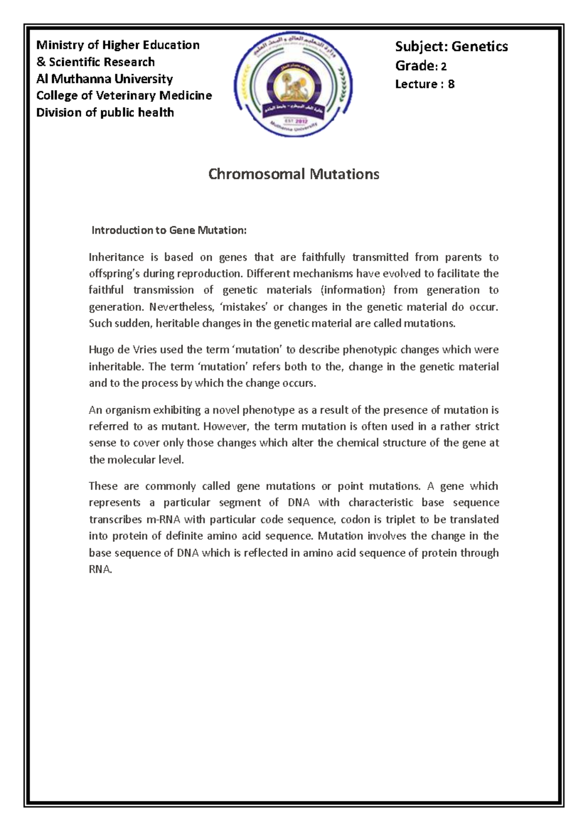 Genetics 2 Lecture 8: Chromosomal Mutations and Gene Mutation Insights ...