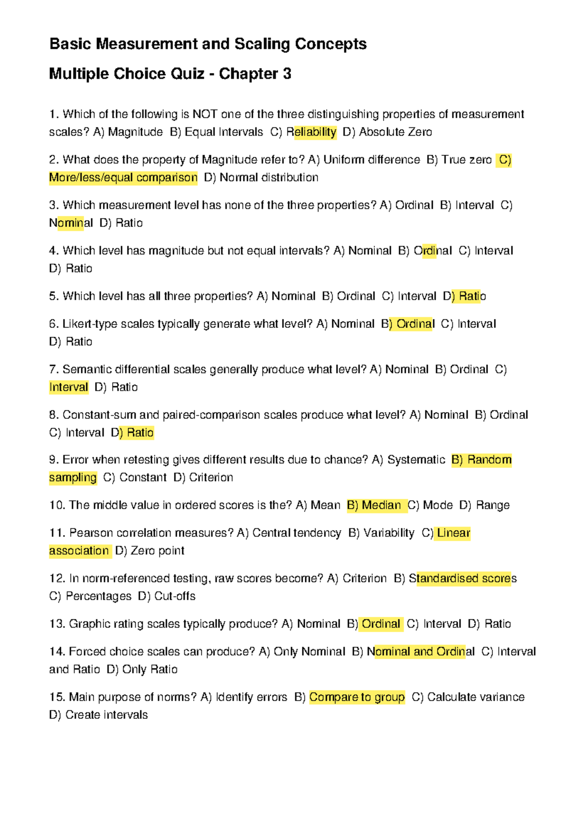 Basic Measurement and Scaling Concepts MC Quiz - Chapter 3 Answers ...
