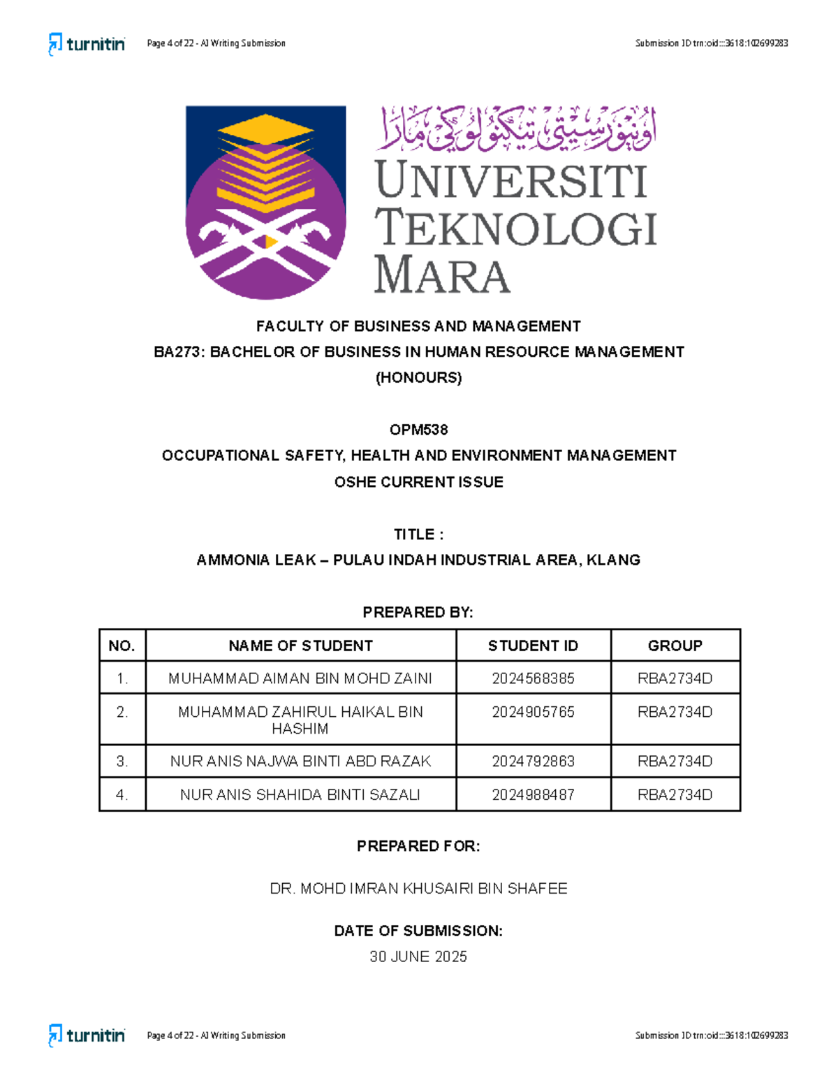 OPM538: Ammonia Leak Incident in Pulau Indah Industrial Area - Studocu