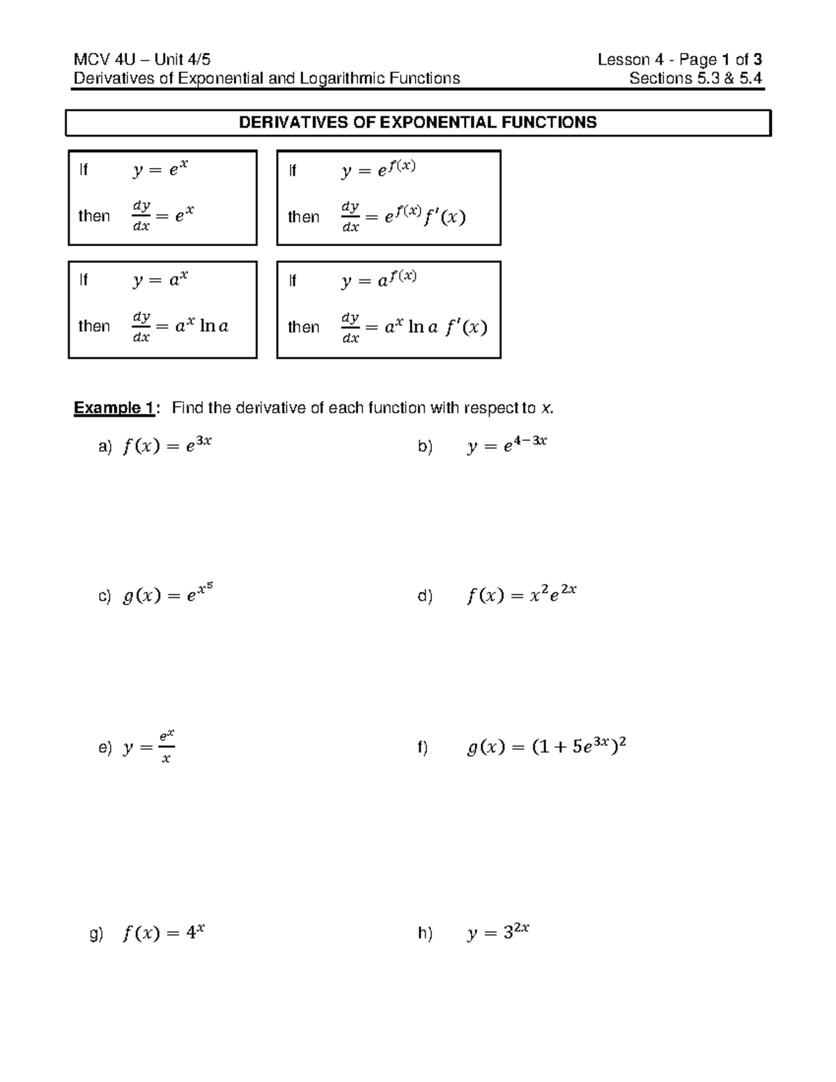 MCV 4U Lesson 4: Derivatives of Exponential Functions (5.3, 5.4) - Studocu