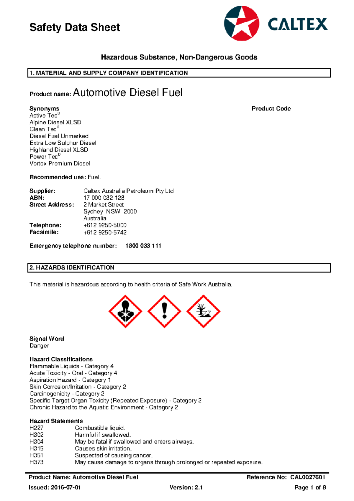 Caltex Automotive Diesel Fuel - Safety Data Sheet (SDS) CAL - Studocu