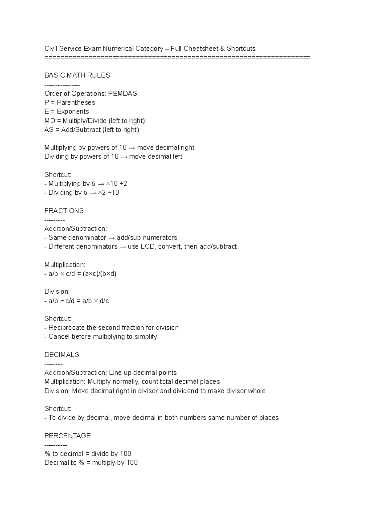 Civil Service Exam Cheat Sheet: Basic Math Rules & Shortcuts - Studocu