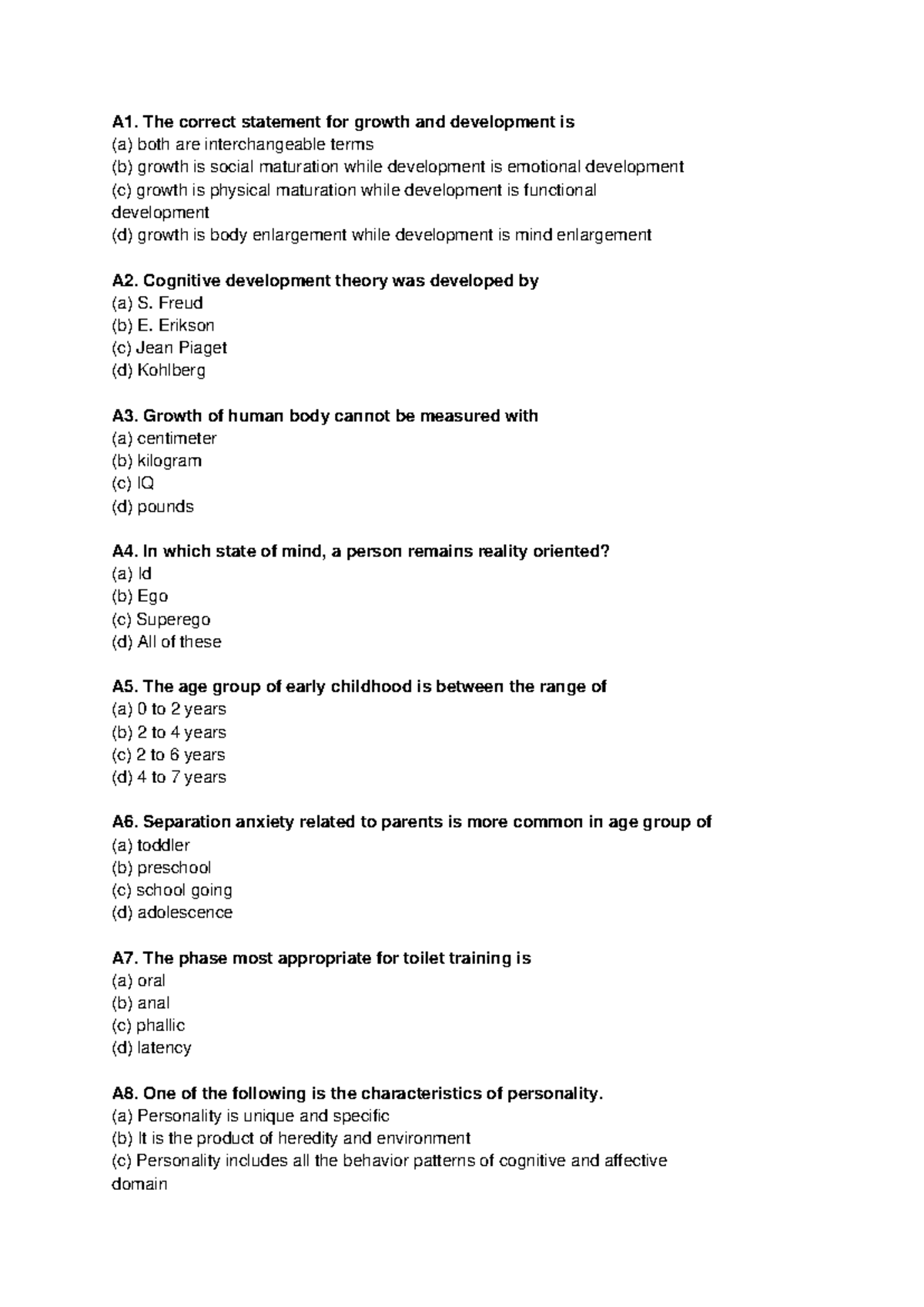 Practice 1 MCQ - Test on Growth and Development Concepts - Studocu