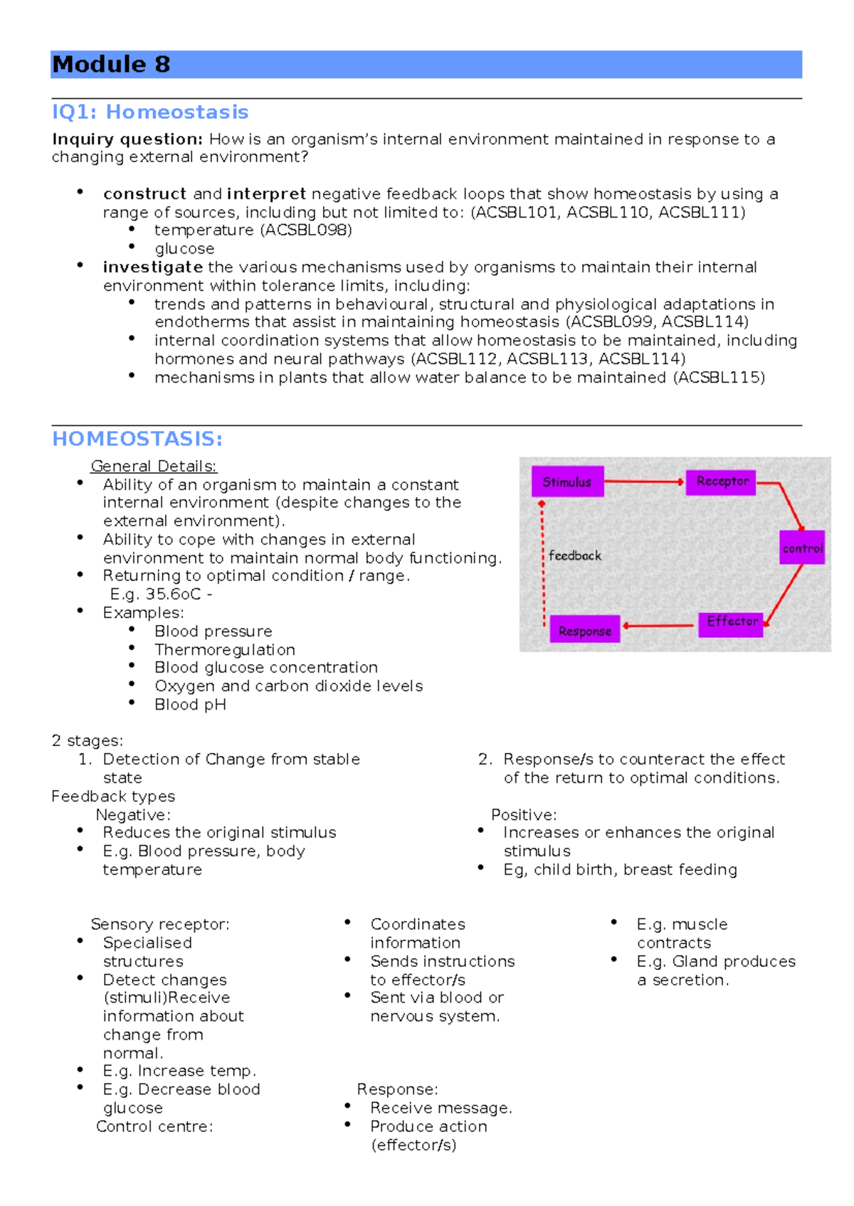 Module 8 HSC Biology Notes: Homeostasis & Organism Responses - Studocu