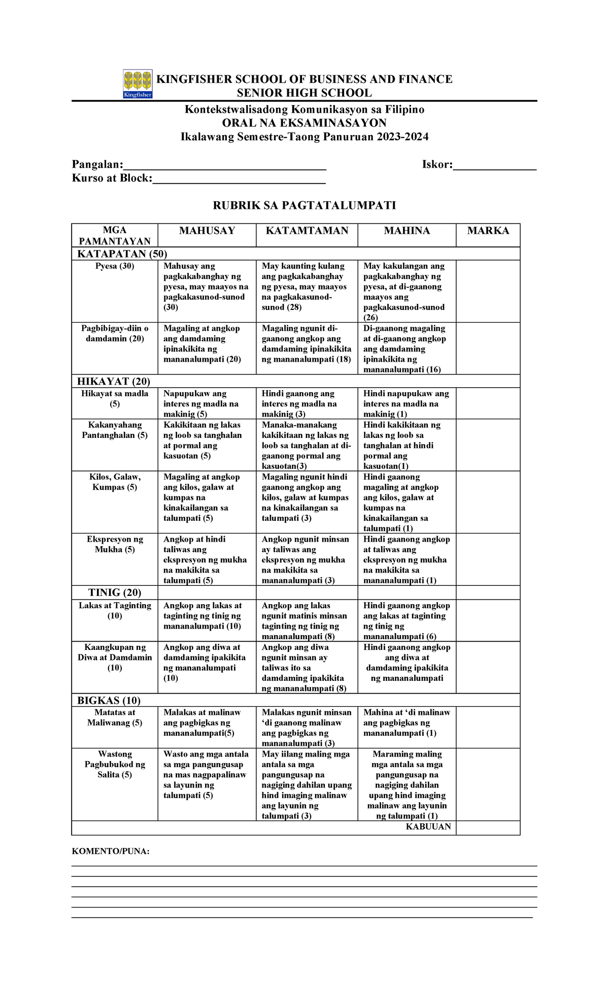 Rubrik-SA- Pagtatalumpati - KINGFISHER SCHOOL OF BUSINESS AND FINANCE ...