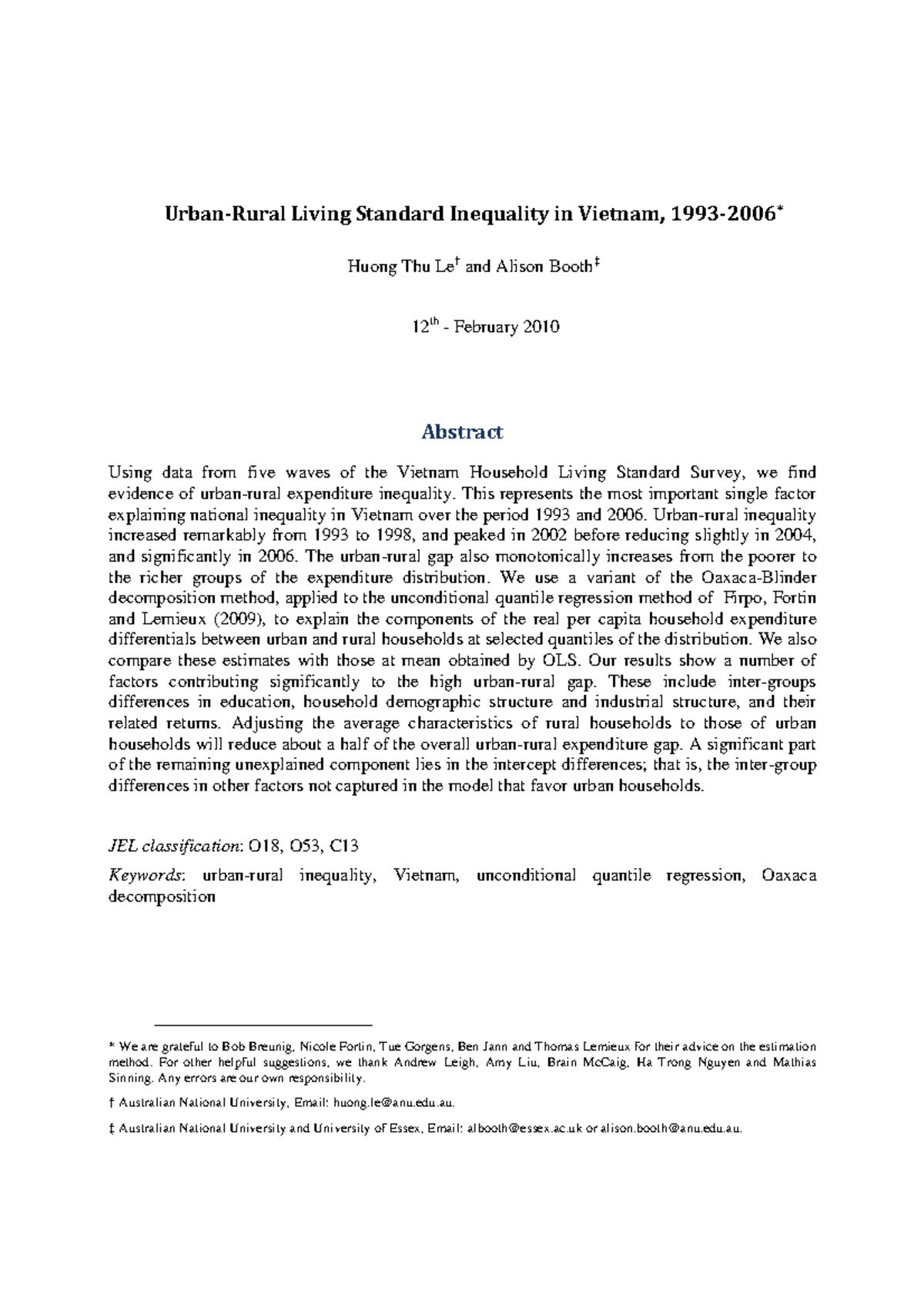 Urban-Rural Living Standard Inequality in Vietnam: A Study (2010) - Studocu