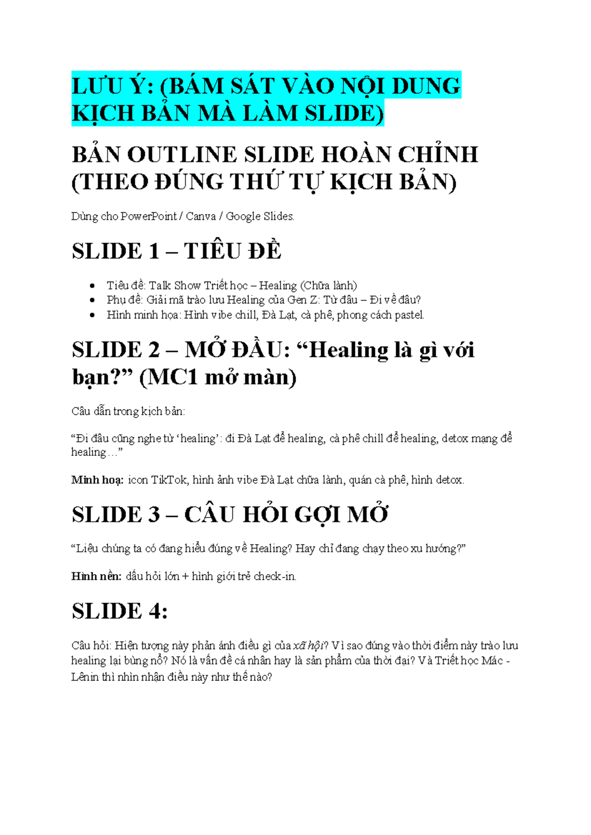 BẢN Outline Slide HOÀN CHỈNH cho Talk Show Triết học Healing (Chữa lành ...