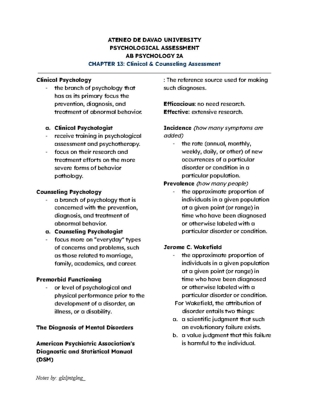 PSYCHOLOGICAL ASSESSMENT AB PSYCHOLOGY 2A CHAPTER 13: Clinical ...