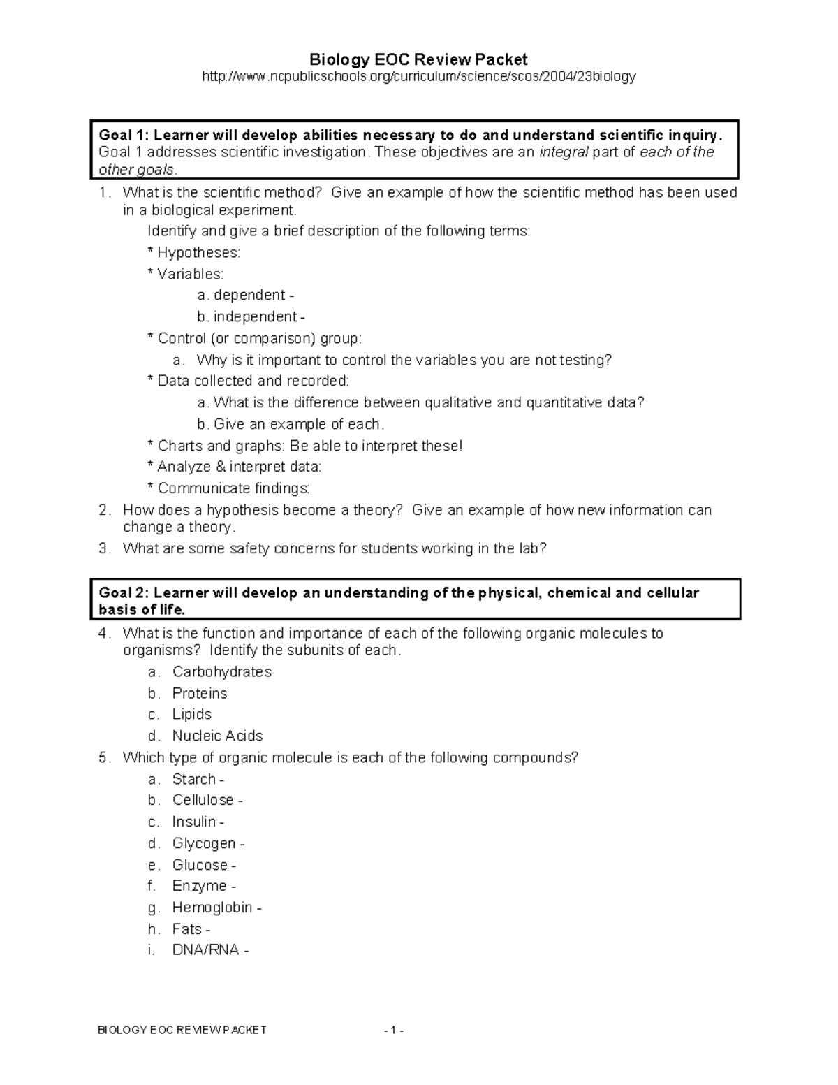 Biology EOC Review Packet F09: Key Concepts in Scientific Inquiry and ...