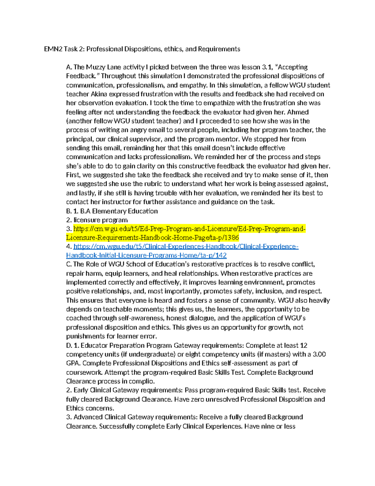 EMN2 Task 2: Professional Dispositions, Ethics, and Requirements ...