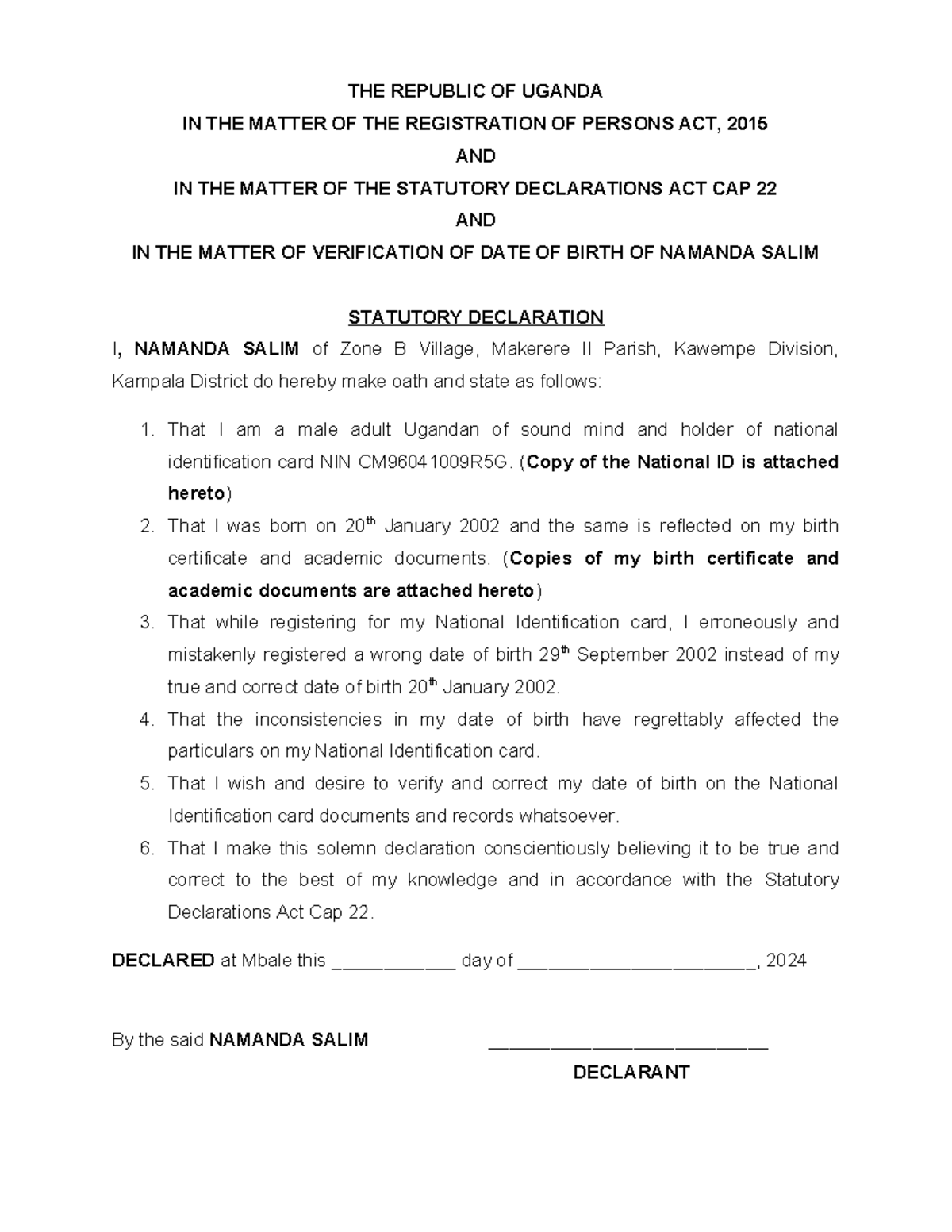 Statutory Declaration: Verification of Date of Birth for NIN CM96041009R5G - Studocu