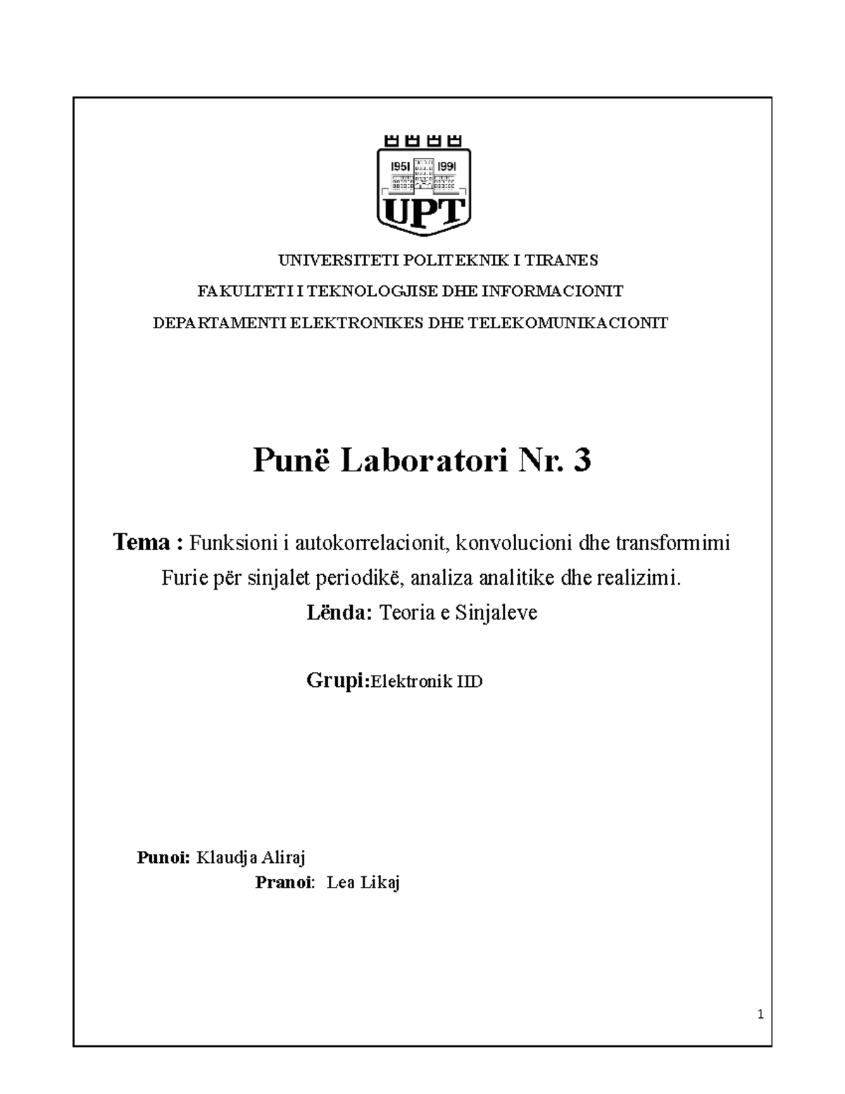 Lab 3: Funksioni i Autokorrelacionit dhe Transformimi Furie - Teoria e ...