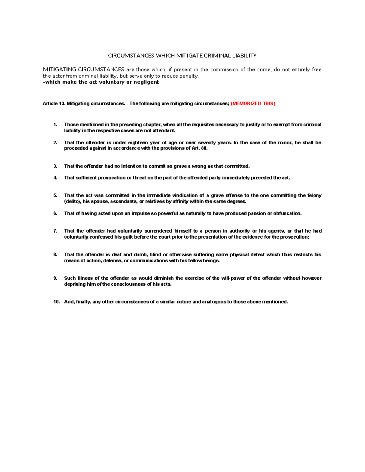Mitigating Circumstances & Criminal Liability Notes (LAW 101) - Studocu