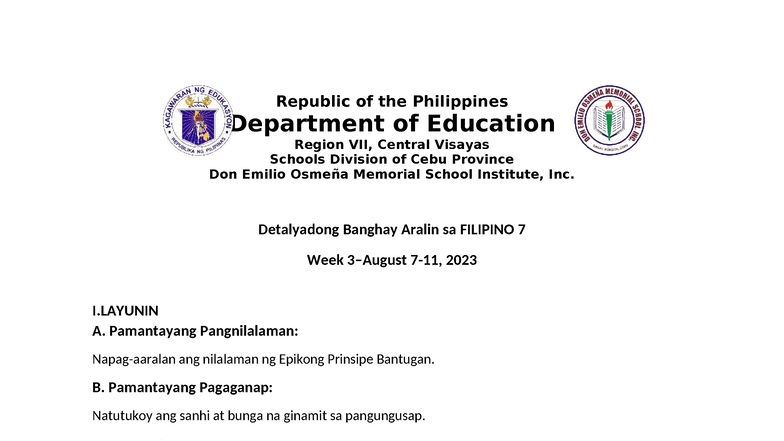 7 Filipino Q1 DLP: Detalyadong Banghay Aralin sa Prinsipe Bantugan ...