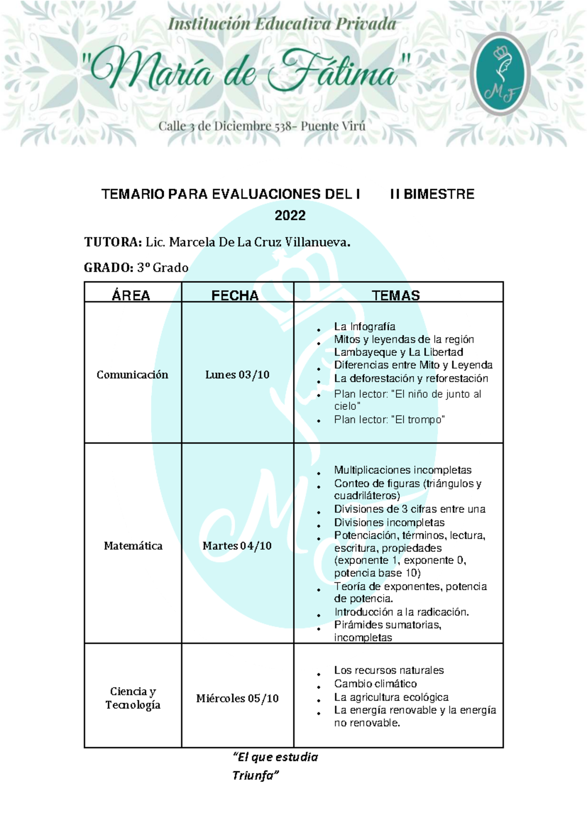 Temario de Exámenes 3° Grado - III Bimestre 2022 - Studocu