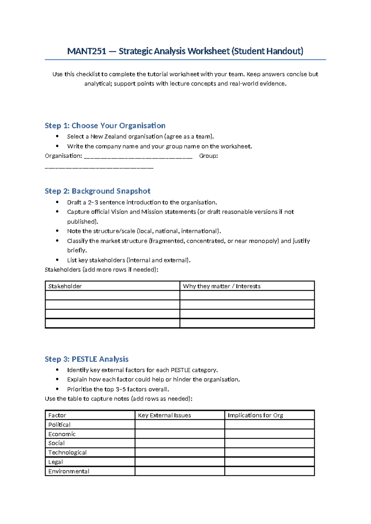 MANT251 Strategic Analysis Worksheet: Team Tutorial Guide - Studocu