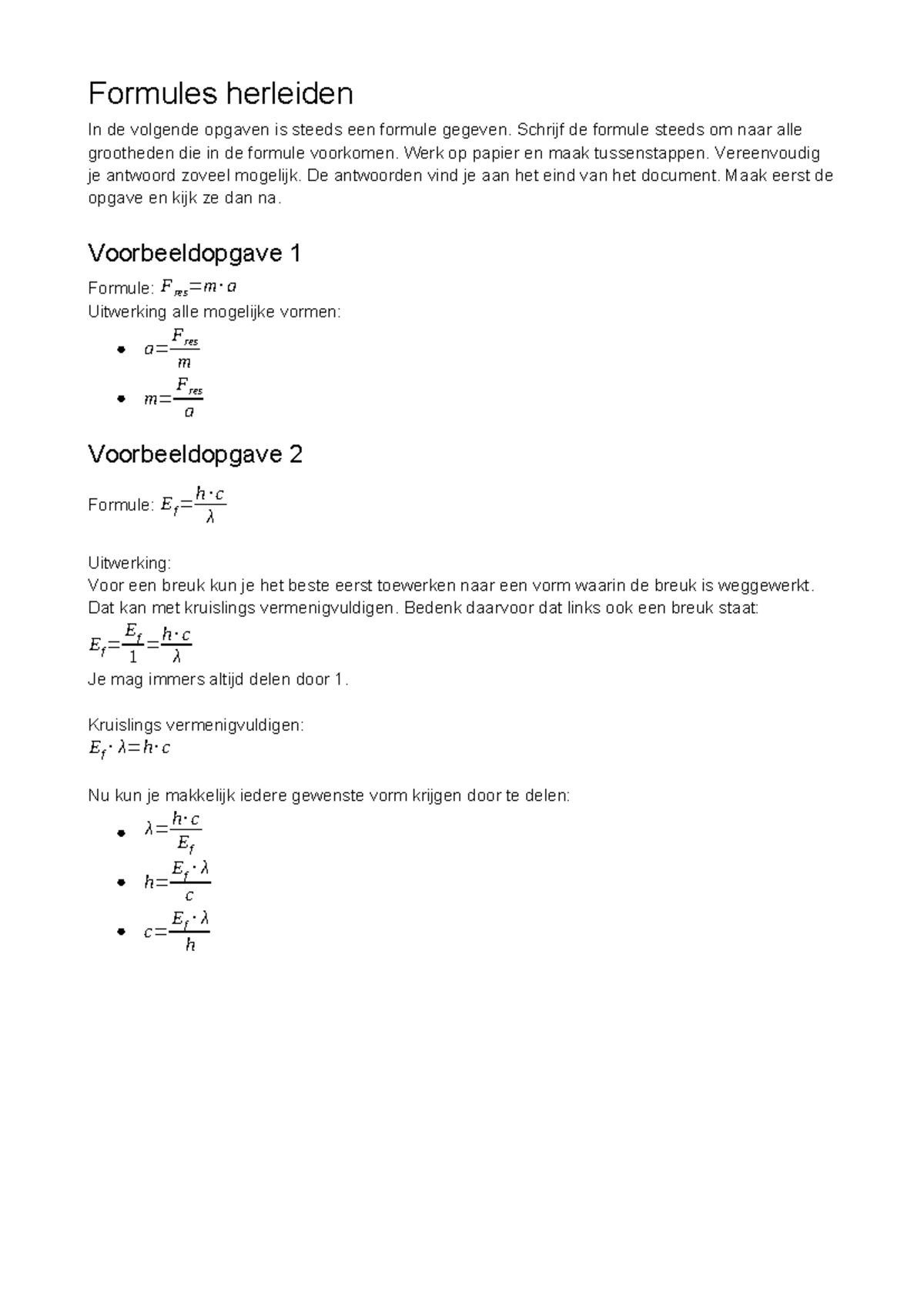 Formules Herleiden: Oefeningen en Antwoorden voor Werkblad - Studeersnel