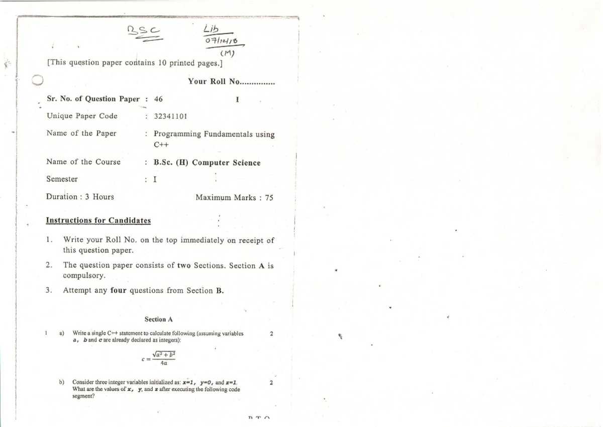 BSC Lib (M) Programming Fundamentals Question Paper - 2018 C++ - Studocu