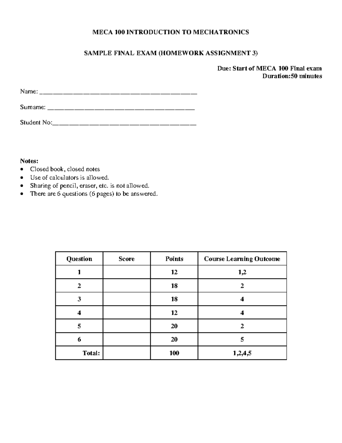 MECA100 HW3 Sample Final - MECA 100 INTRODUCTION TO MECHATRONICS SAMPLE FINAL EXAM (HOMEWORK ...