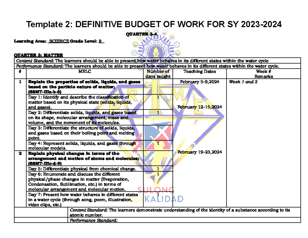 DBOW-SCIENCE-G8: Definitive Budget of Work for SY 2023-2024 - Studocu