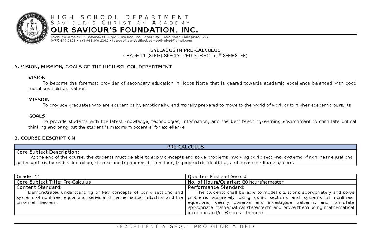 Syllabus for G11 STEM: Conic Sections & Trigonometric Functions (1st ...