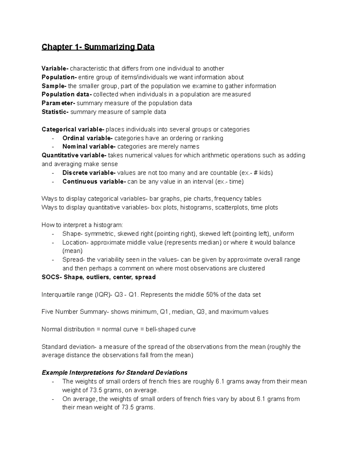 Intro Stats MATH 101 Midterm Exam 1 Study Guide: Key Concepts and ...