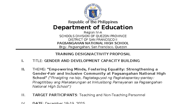 GAD Training Proposal: Fostering Equality at PNHS (Dec 2025) - Studocu