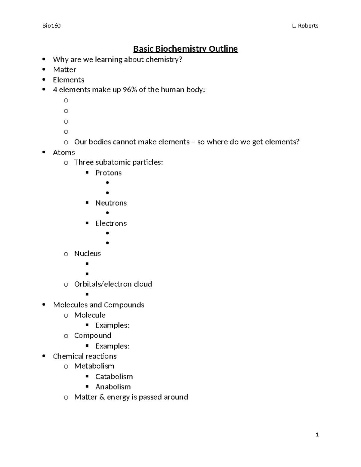 Basic Biochemistry Outline (Bio160L) - Key Concepts & Principles - Studocu