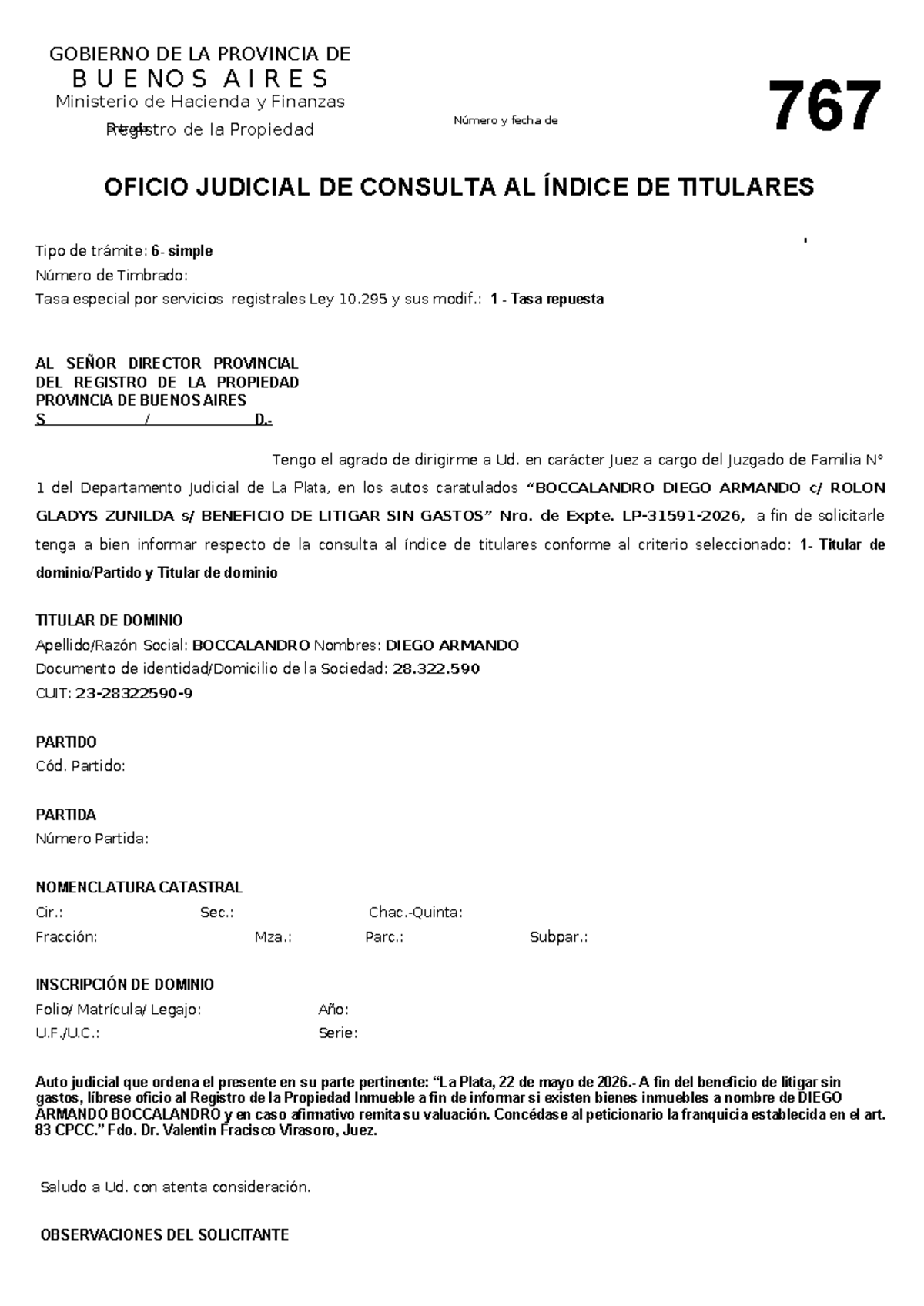 Oficio Judicial RPI - Consulta de Inmuebles a Nombre de Diego B. - Studocu