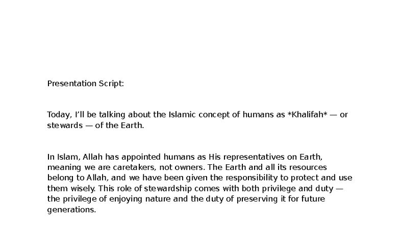 Islamic Concept of Humans as Stewards of the Earth: Presentation Script ...