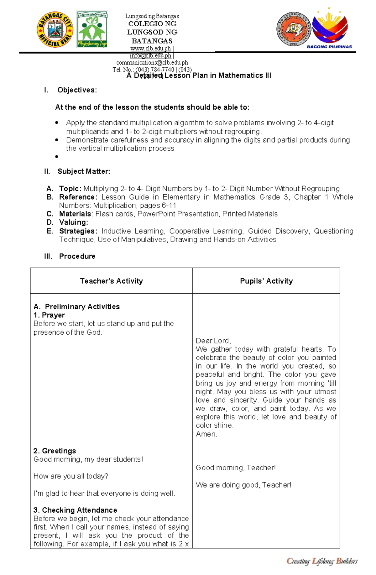 MATH 3 - Detailed Lesson Plan on Multiplying 2-Digit Numbers - Studocu