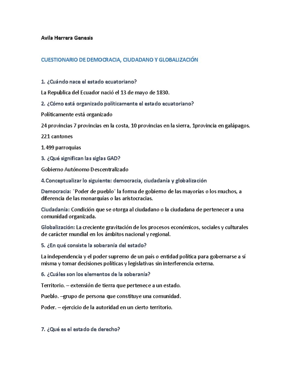 Cuestionario - Avila Herrera Genesis CUESTIONARIO DE DEMOCRACIA ...