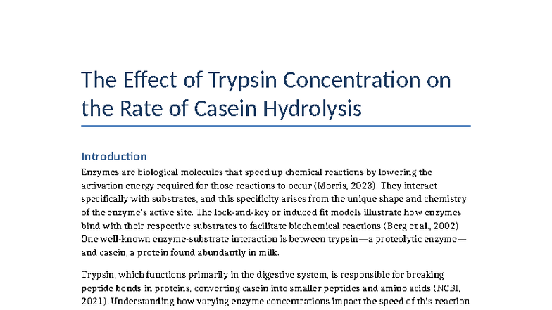 Effect of Trypsin Concentration on Casein Hydrolysis: Lab Study - Studocu