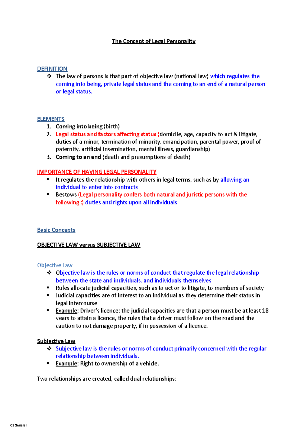 Law of Persons Notes Pack 1[672] - The Concept of Legal Personality ...