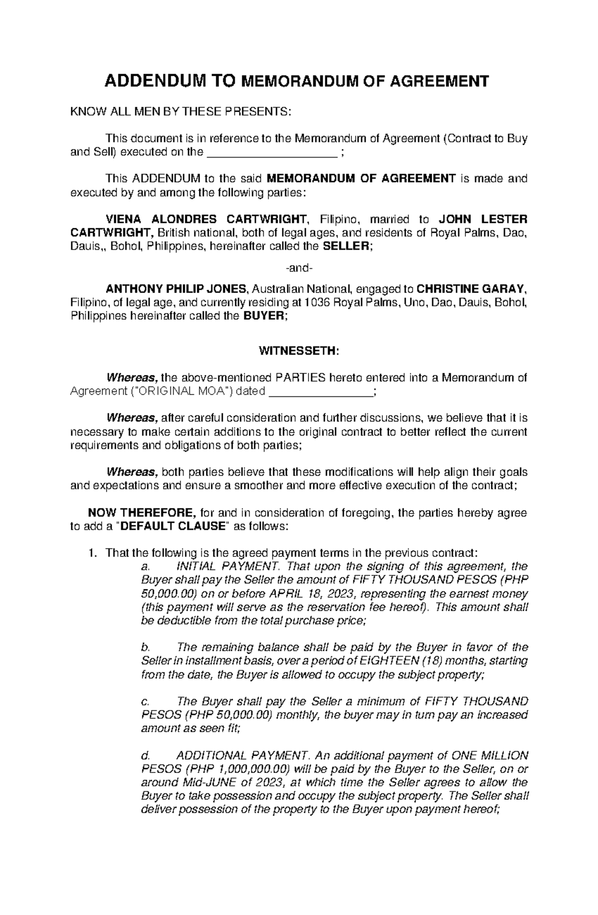 Addendum to MOA: New Default Clause and Payment Terms Details - Studocu