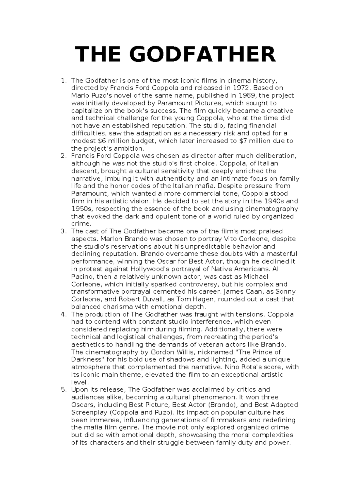 THE Godfather - reseña - THE GODFATHER 1. The Godfather is one of the ...