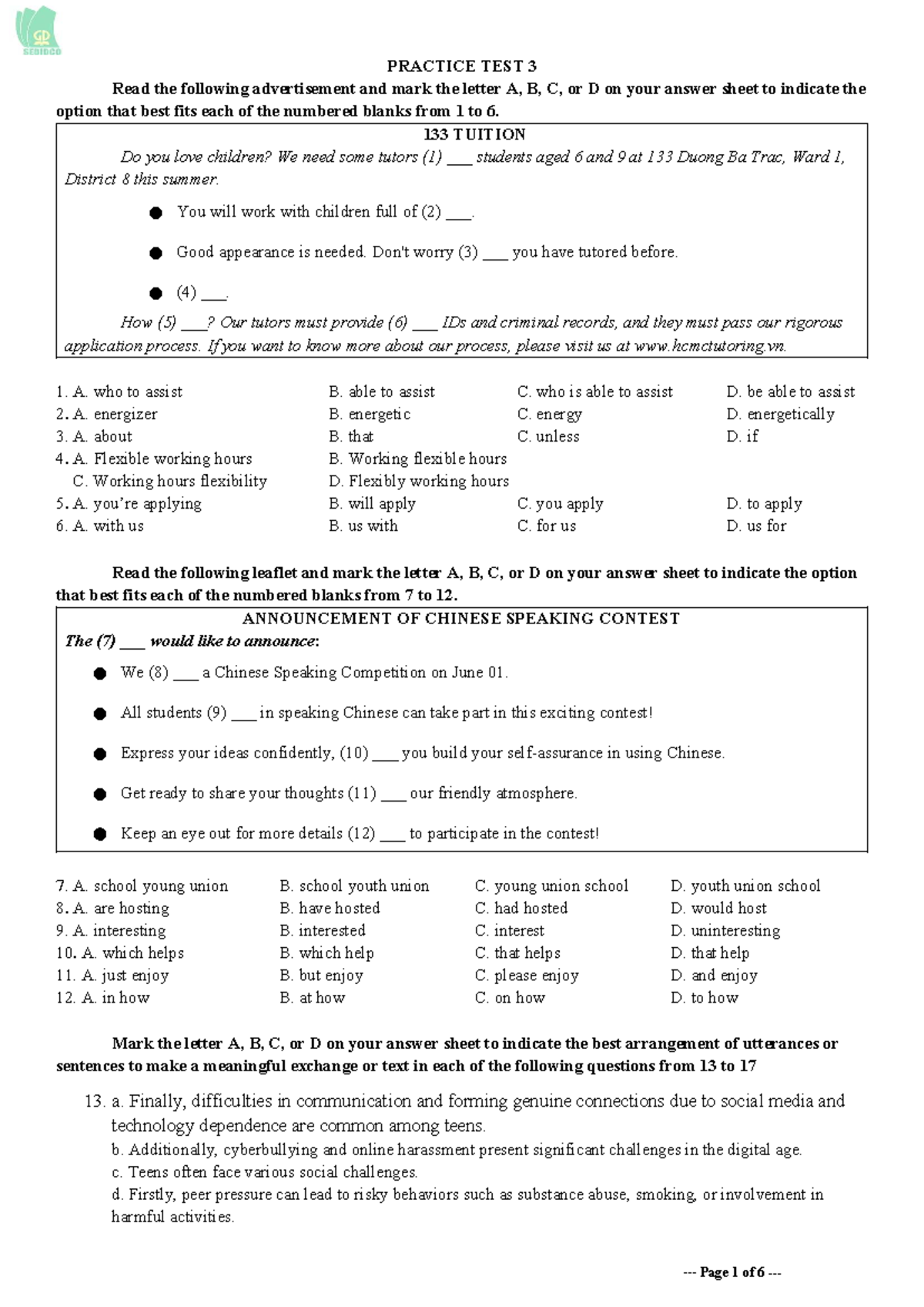 Practice Test 3: English Language Proficiency Assessment (2025 Format ...