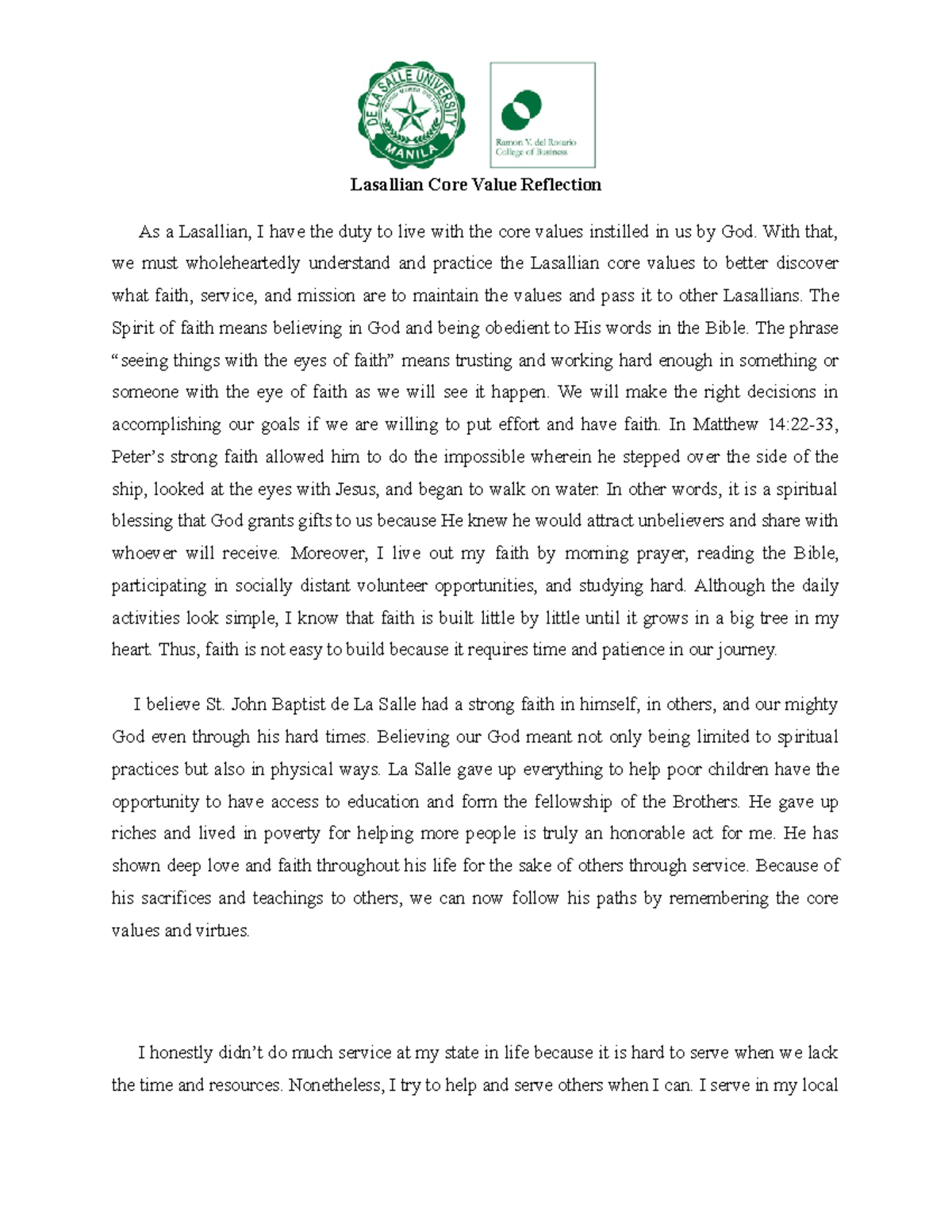 Lasallian Core Values Reflection and Personal Commitment Essay - Studocu