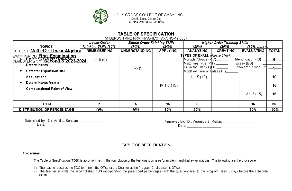 TOS Math 12 - Final Exam Specifications & Guidelines - Studocu