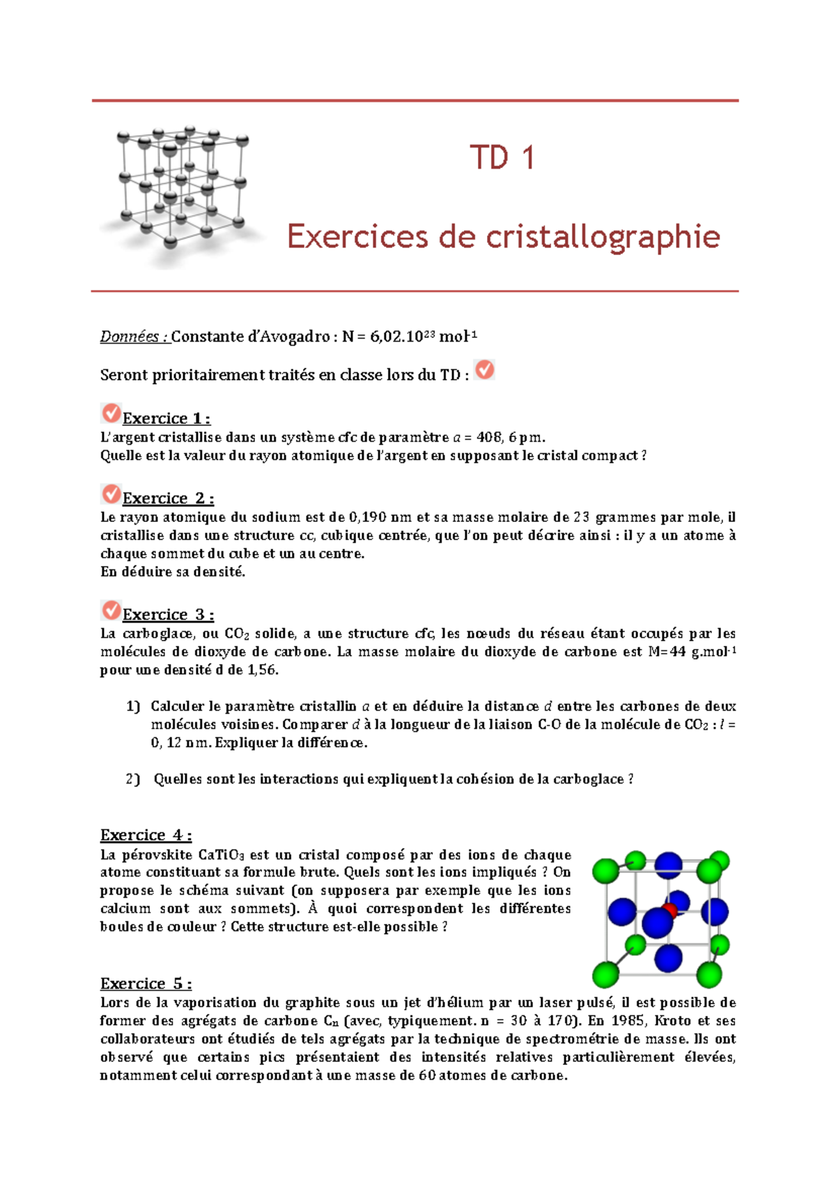 TD1 Cristallographie : Exercices 1-17 - Essentiel pour la classe - Studocu