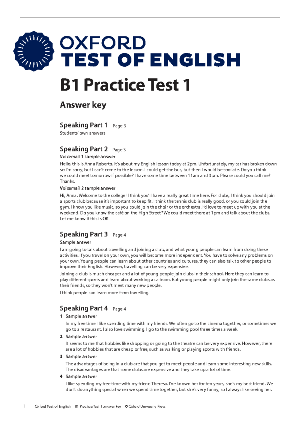 B1 Practice Test 1 Answer Key: Speaking & Listening Sections - Studocu