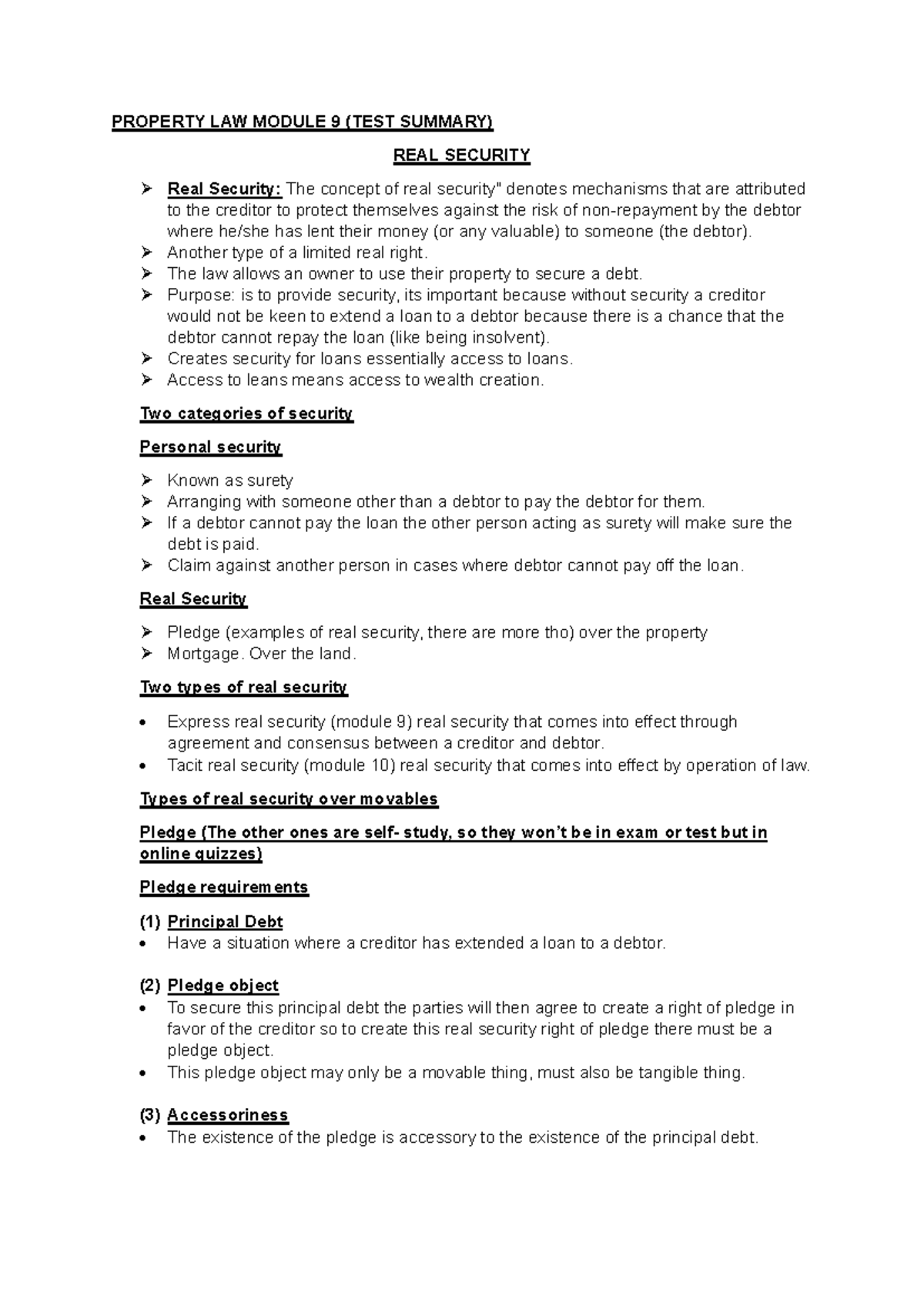 Property Law Module 9: Real Security Test Summary and Key Concepts ...