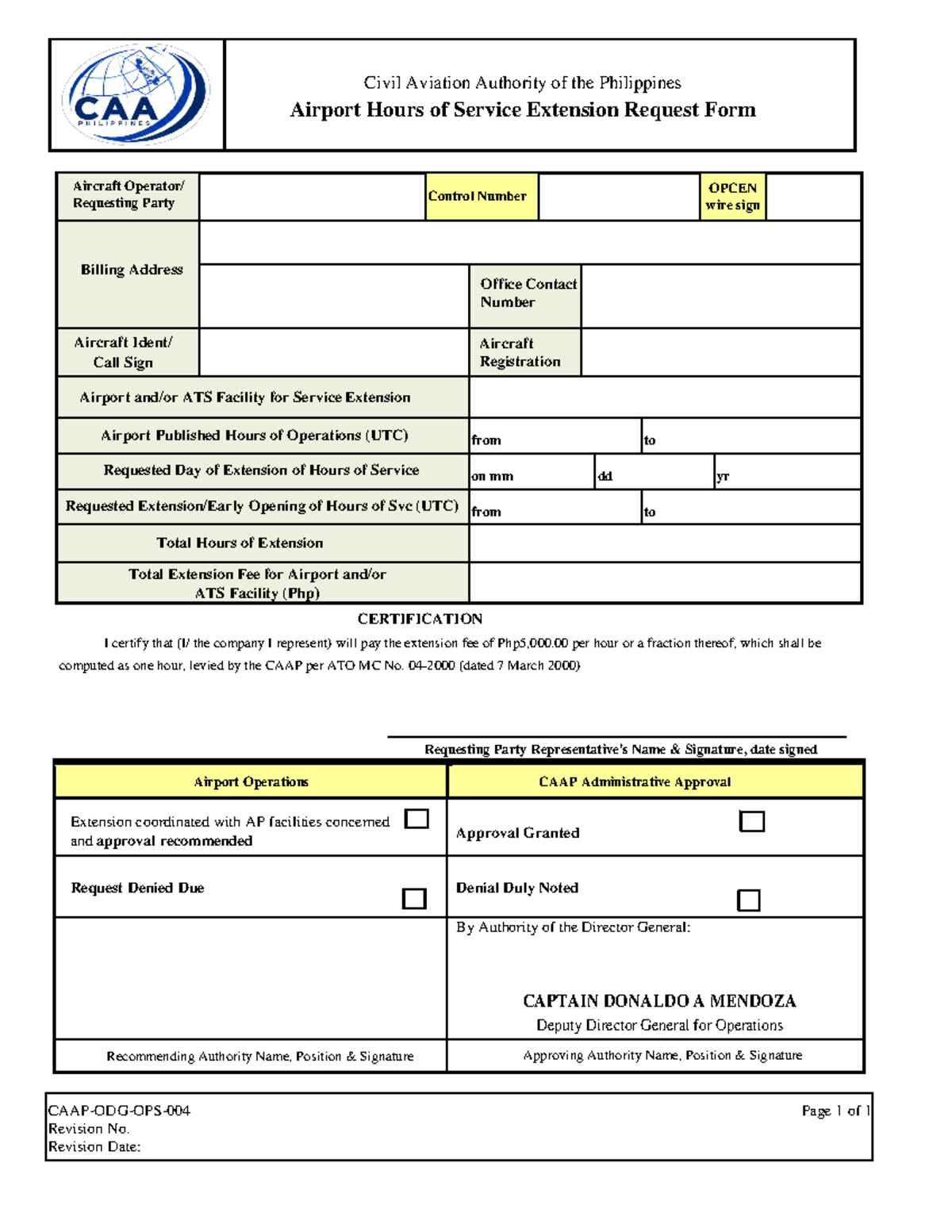 CAAP-ODG-OPS-004 Airport Hours of Service Extension Request Form - Studocu