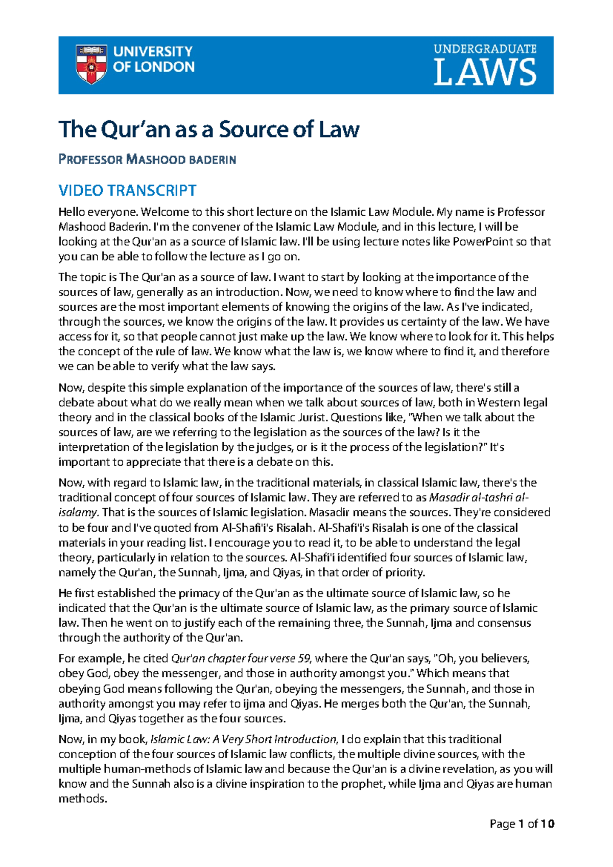 Lecture Plus-Islamic Oct 21-transcript - The Qur’an as a Source of Law ...